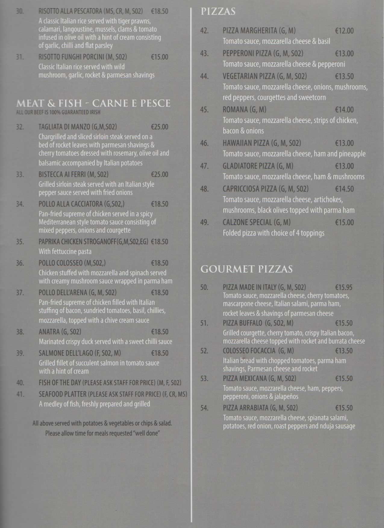 Restaurant Menu - Il-Colosseo Italian Restaurant Athlone